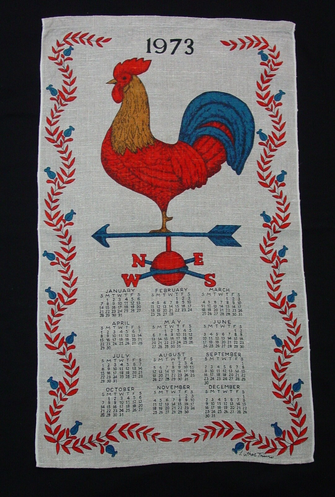 Vintage Luther Travis 1973 Calendar Tea Towel Colorful Rooster, Great ...