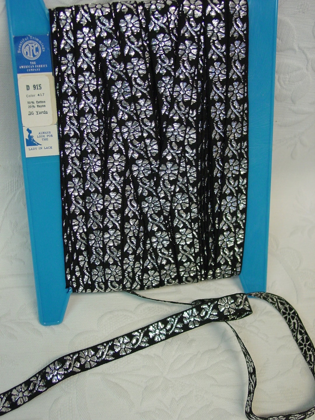 Beautiful Vintage Ribbon Trim Black With Shiny Metallic Silver Flower 1 ...