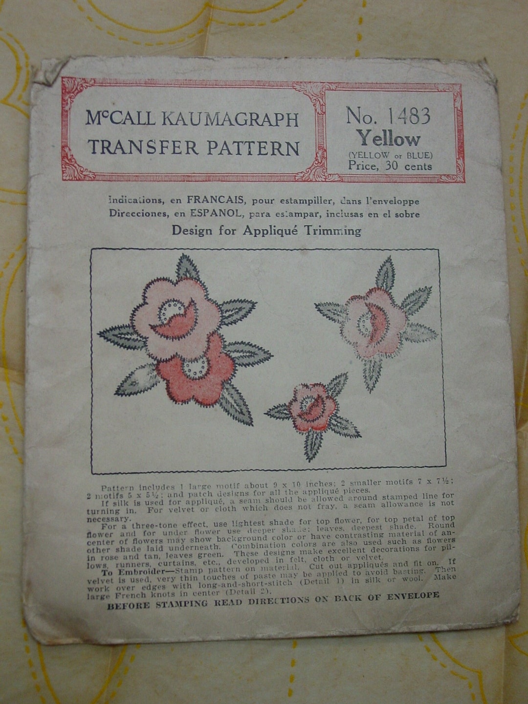 Vintage Antique Mccall Kaumagraph Transfer Pattern No.1483 Applique and ...