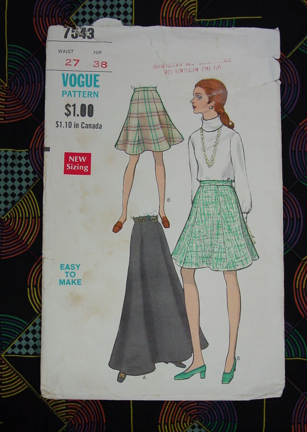 Vintage Pattern C.1960's Vogue No.7543 Skirt, 2 Versions Size 27 Waist ...