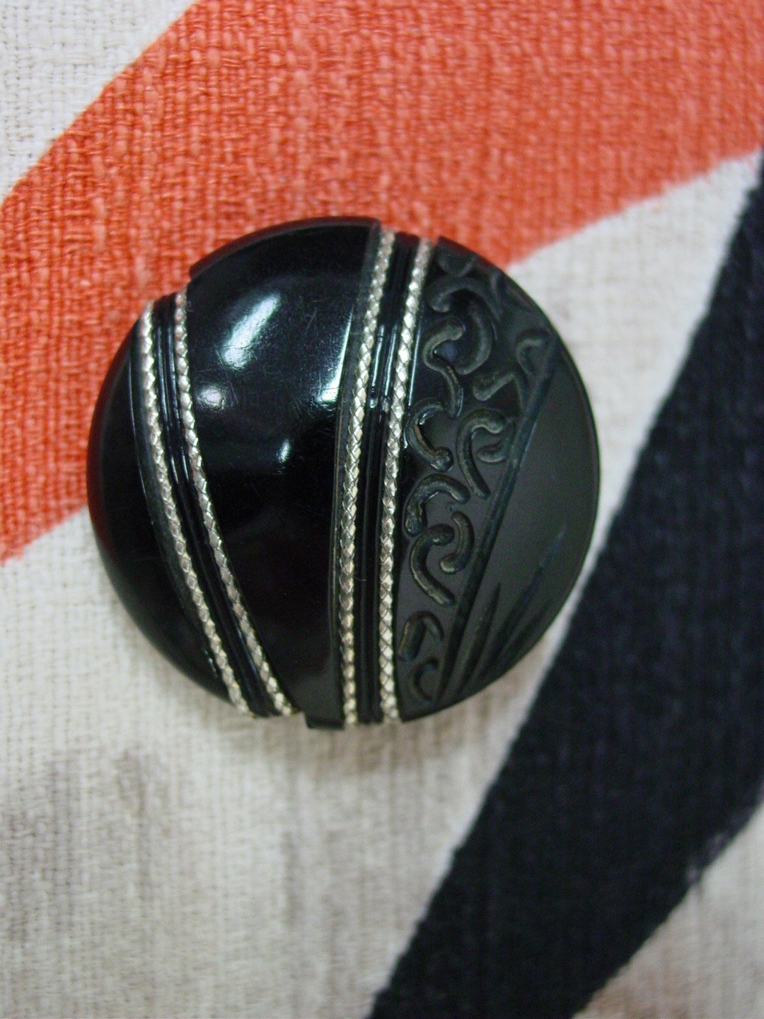 Vintage Button Black Shiny Phenolic Resin 1 7/16" With Metal Cord Trim ...