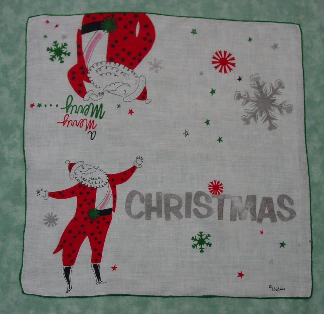Fun Vintage Christmas Hanky Cartoon Santa Claus, Text, Snow Flakes 14 3 ...
