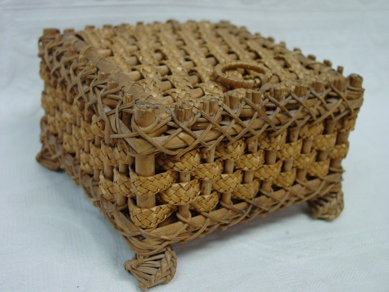 Antique,vintage Handmade Woven Box With Cover, 5 1/4 X 3 3/4" High Wood ...