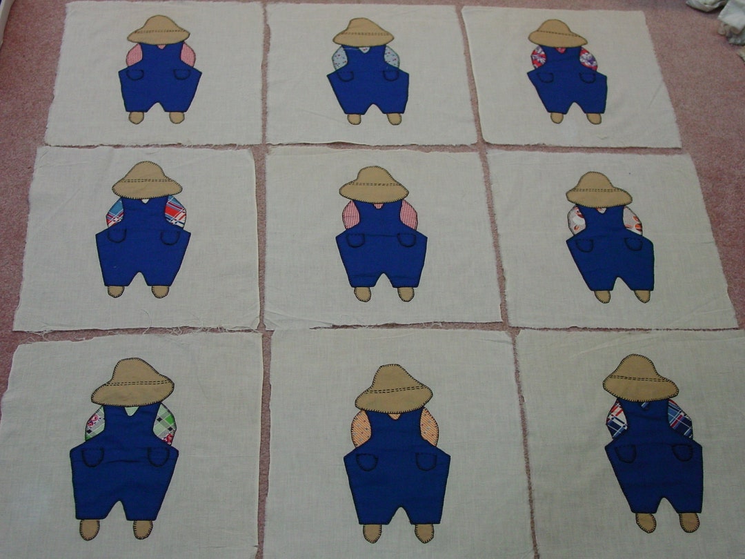 9 Darling Vintage Quilt Blocks "overall Sam" Hand Appliqued, Buttonhole ...