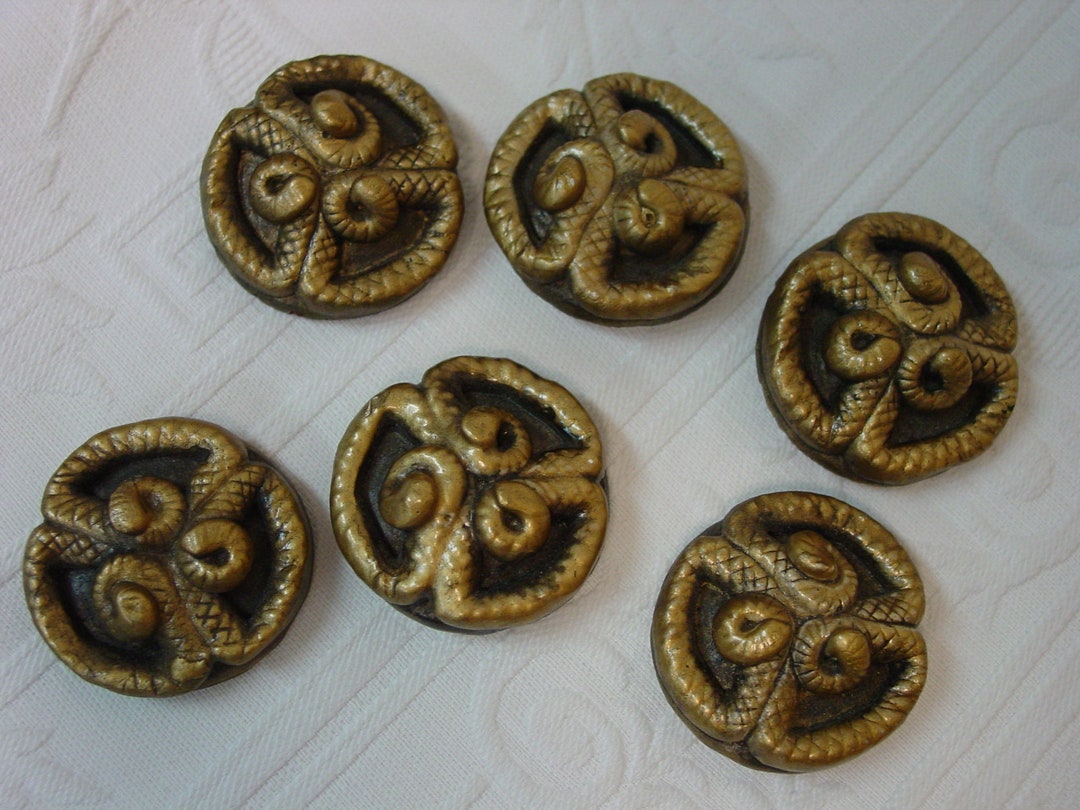Set of 6 Vintage Big Chunky Buttons Plaster (?) Gold & Brown Painted 1 ...