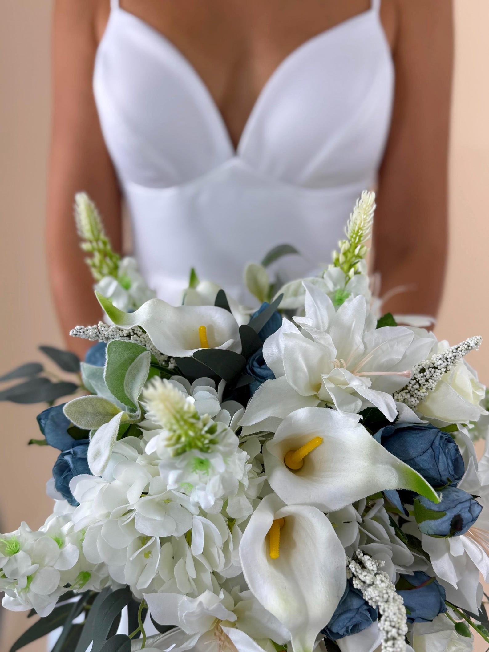 Elegant White Bridal Bouquet With Blue Flowers - Etsy