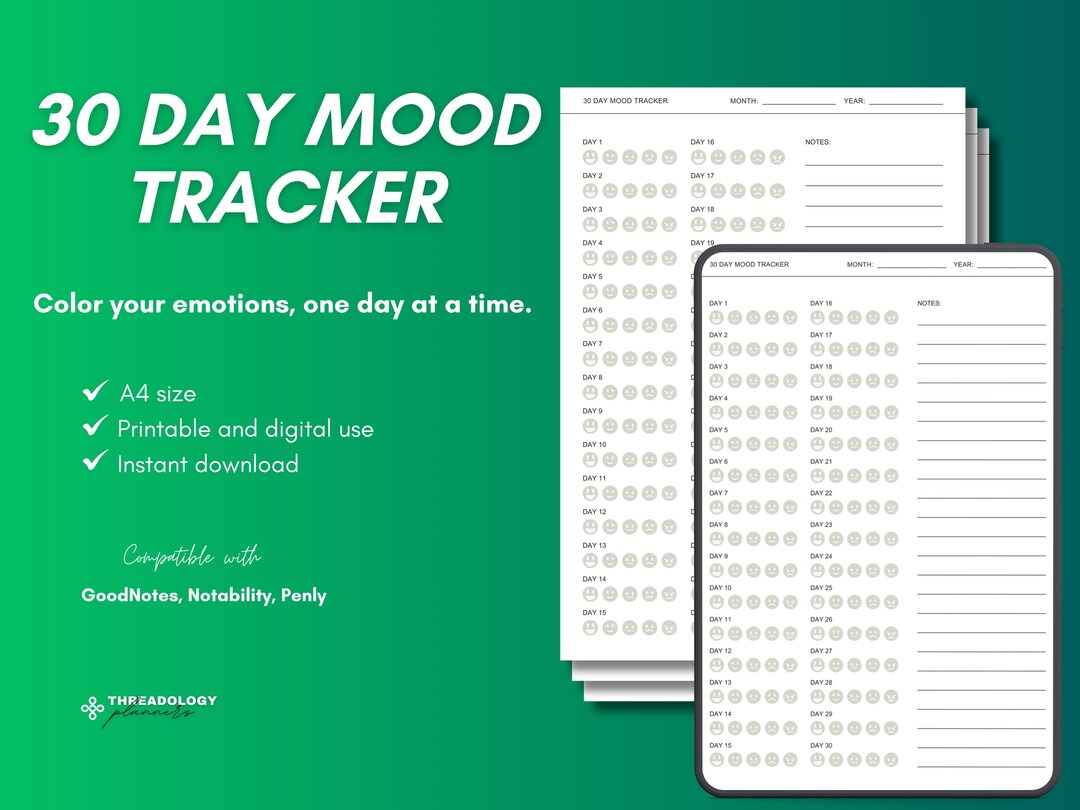 30-day Mood Tracker Printable | Mental Health Journal | Self-care ...