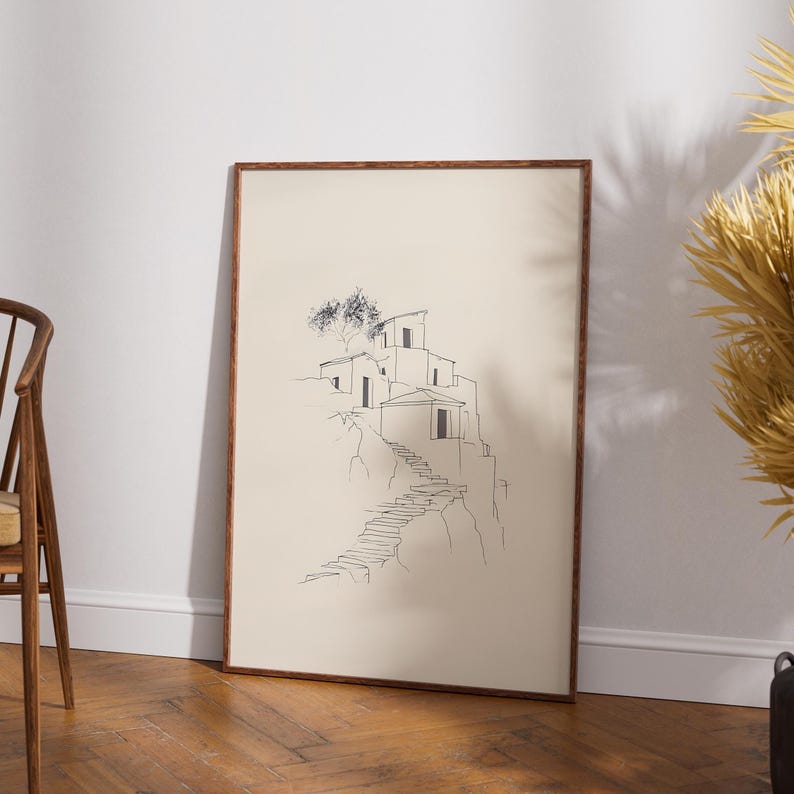 Santorini Wall Art Poster: Minimalist Greek Village Line Art Digital ...