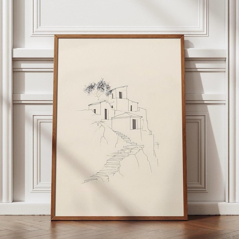 Santorini Wall Art Poster: Minimalist Greek Village Line Art Digital ...