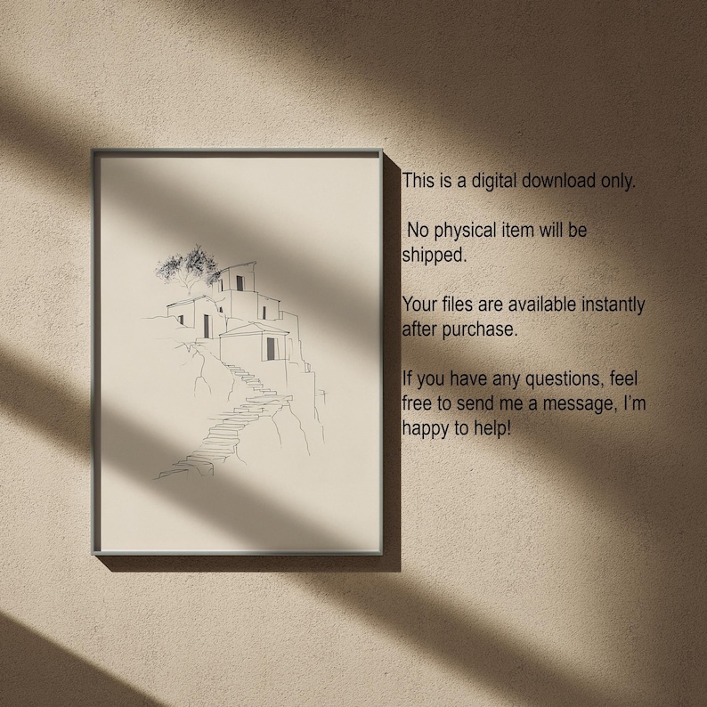 Santorini Wall Art Poster: Minimalist Greek Village Line Art Digital ...