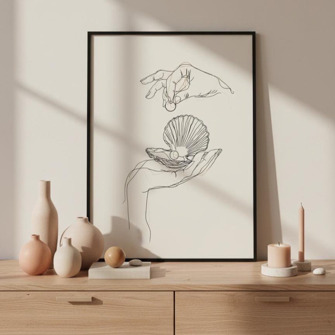 Pearl Oyster Shell Line Art | Minimalist Coastal Poster Digital ...