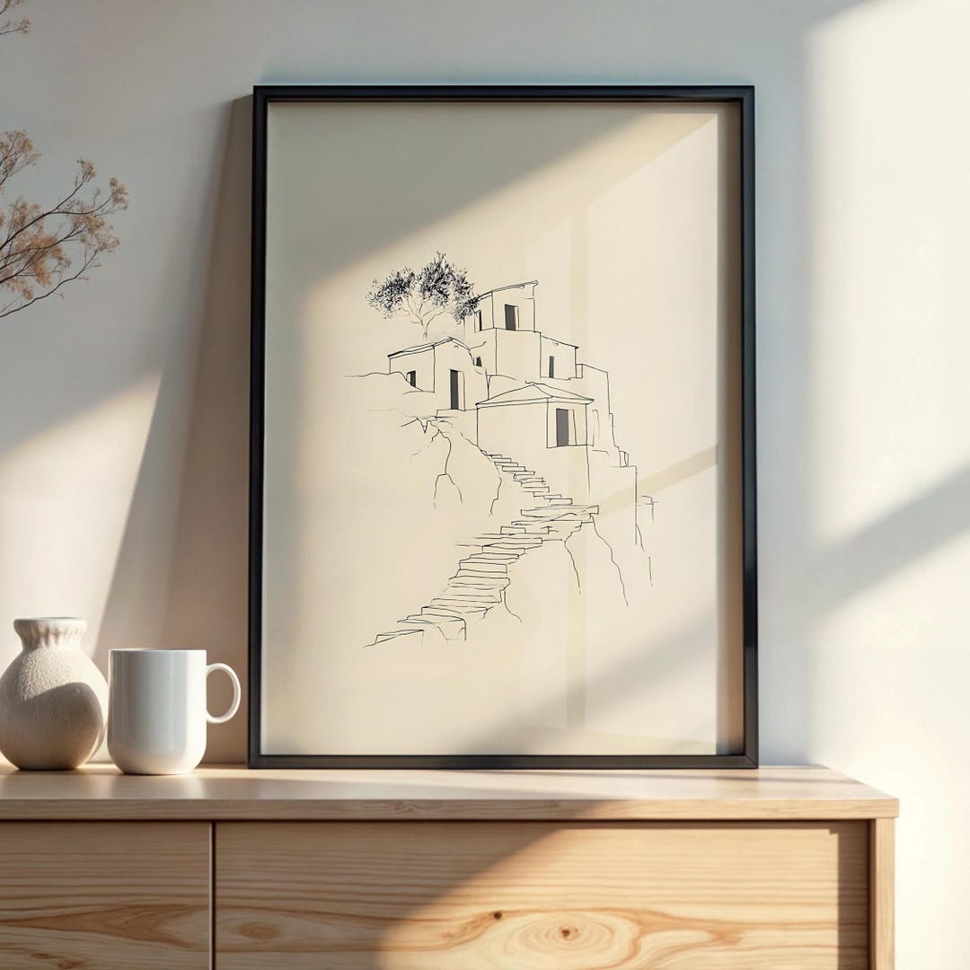 Santorini Wall Art Poster: Minimalist Greek Village Line Art Digital ...