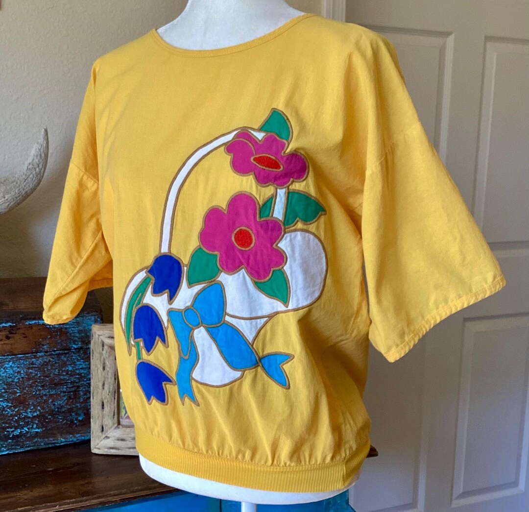 Vintage Floral Color Block Top - 100% Cotton Pullover - Embroidered ...