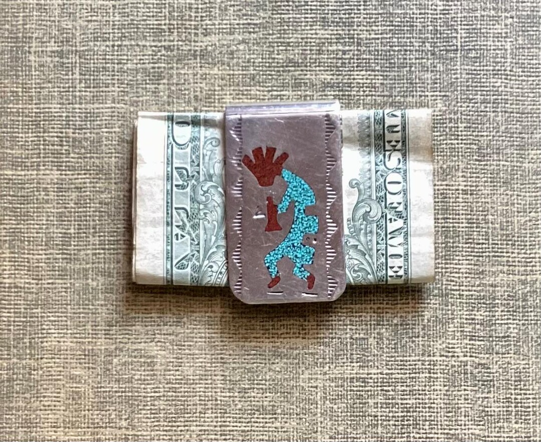 Vintage Kokopelli Sterling Silver Money Clip – Turquoise Jasper Inlay ...