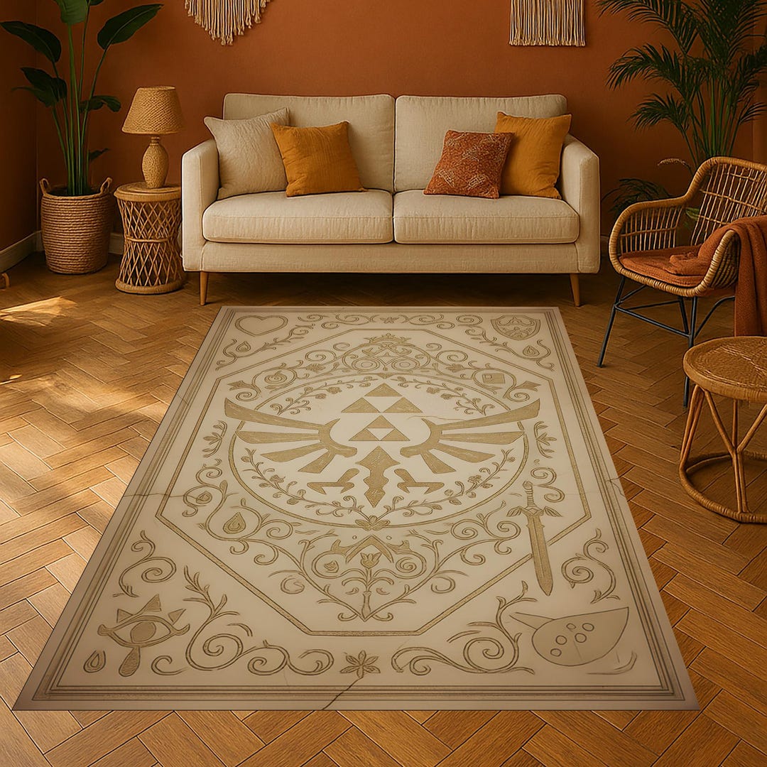 Zelda Hylian Crest Rug: Ivory Gold Triforce Carpet, Ornate Symbol ...