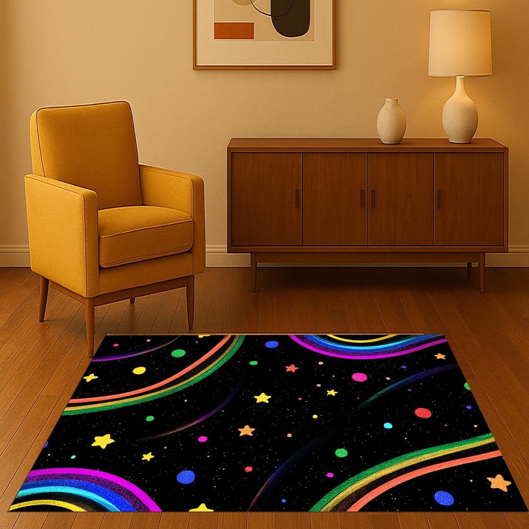 Rainbow Cosmic Rug: Galaxy Stars & Planets, Celestial Bedroom Accent - Etsy