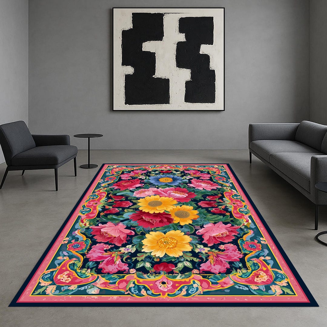 Colorful Floral Rug: Bohemian Garden Style, Non-slip Cotton Backing - Etsy
