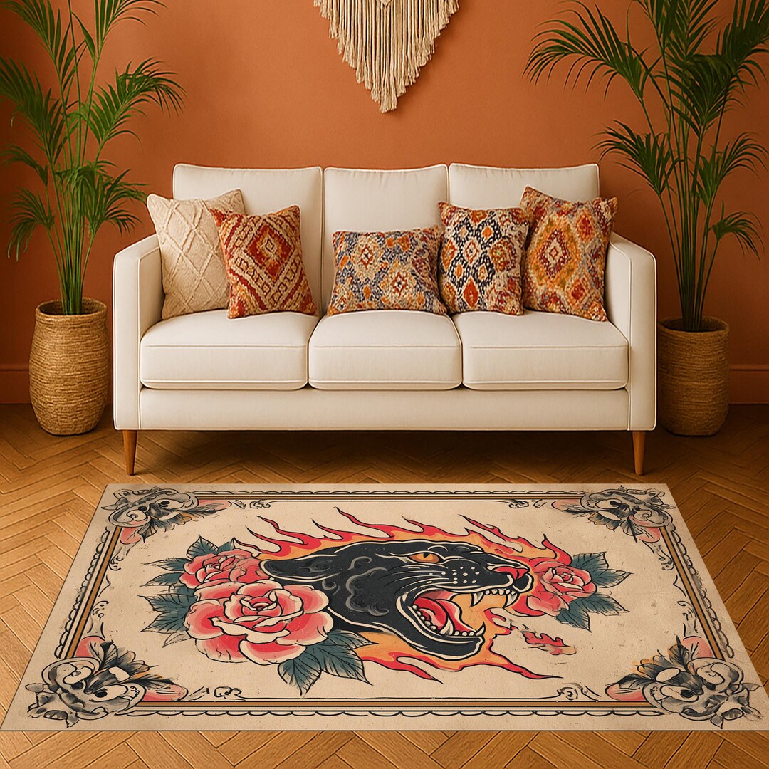 Panther Flame Rug: Tattoo Style Jungle Cat Accent Rug - Etsy