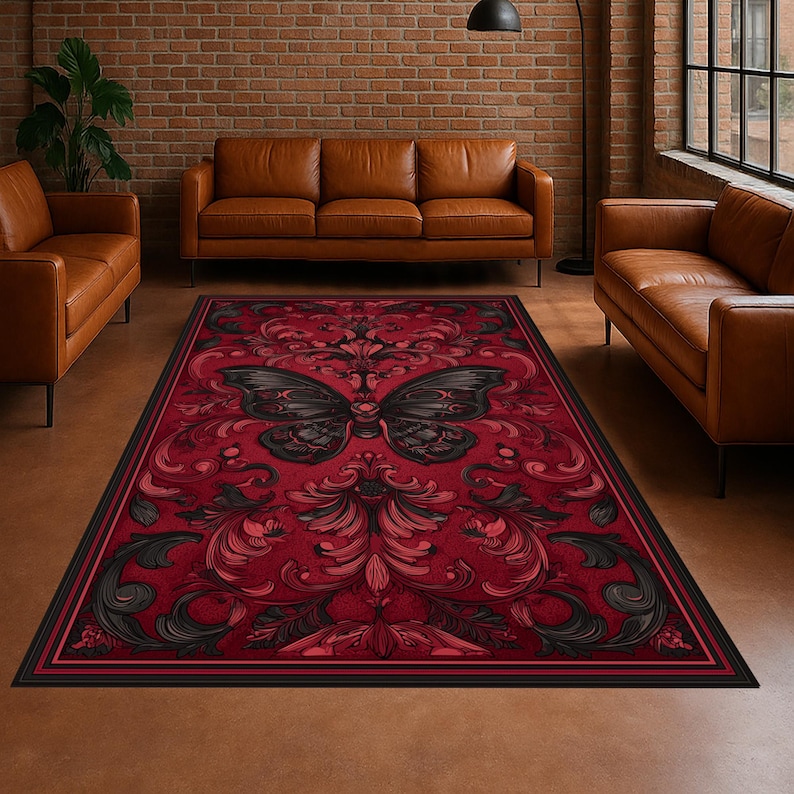 Gothic Butterfly Rug: Dark Red Baroque Ornamental Design - Etsy