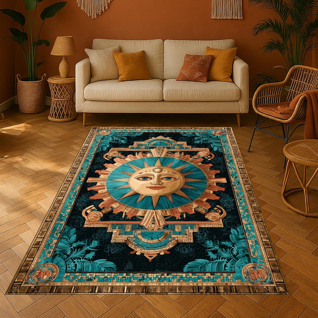 Aztec Sun Rug: Golden Solar Mayan Carpet, Tribal Decor - Etsy
