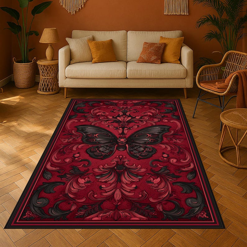 Gothic Butterfly Rug: Dark Red Baroque Ornamental Design - Etsy