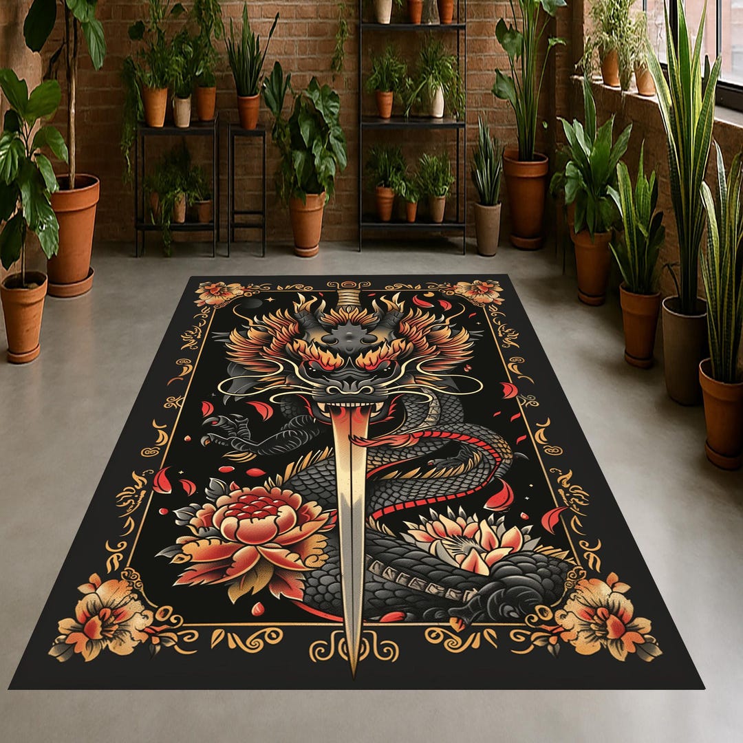 Flaming Dragon Rug: Samurai Warrior Room Decor - Etsy