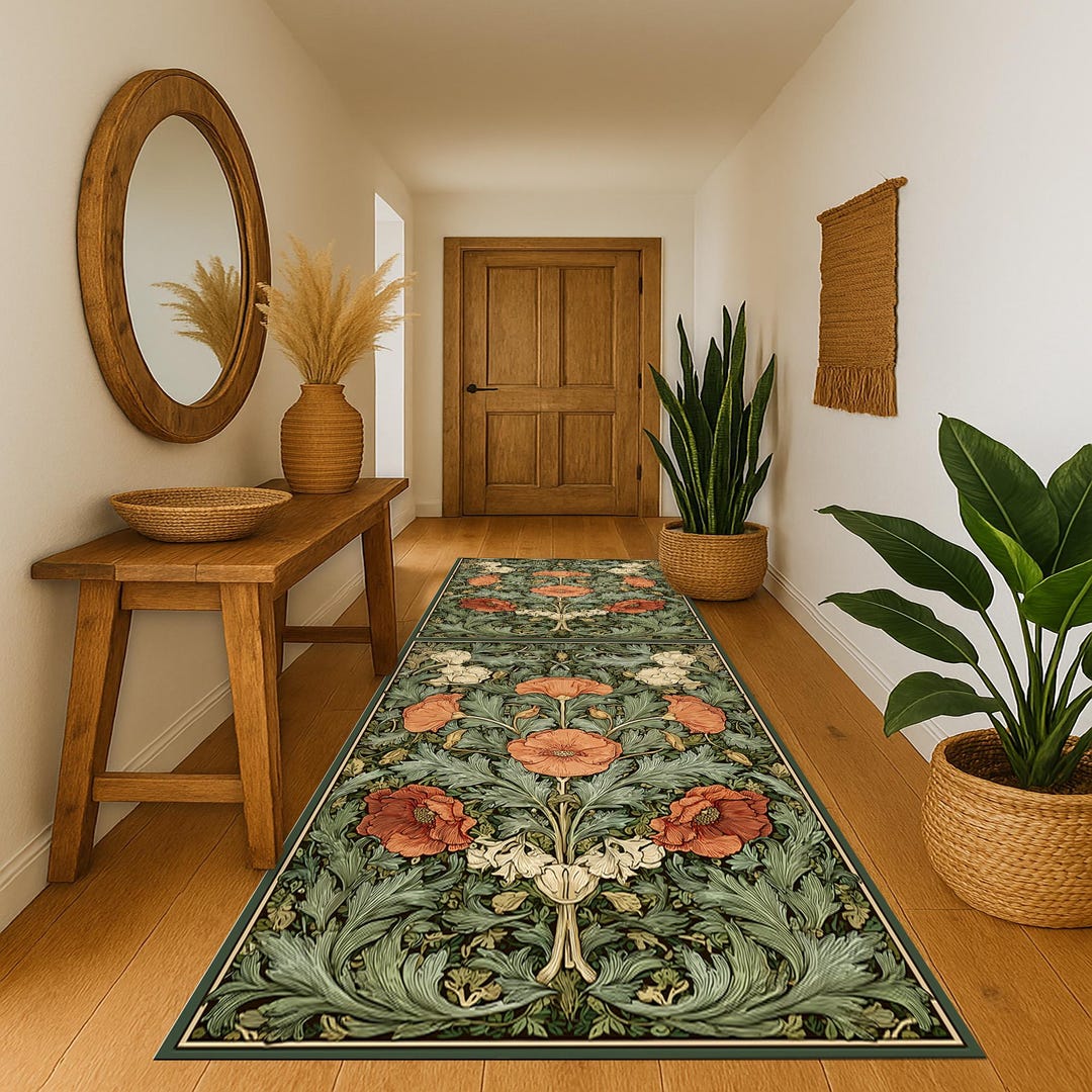 Floral Baroque Runner: Emerald Green Botanical Carpet, Elegant Art ...