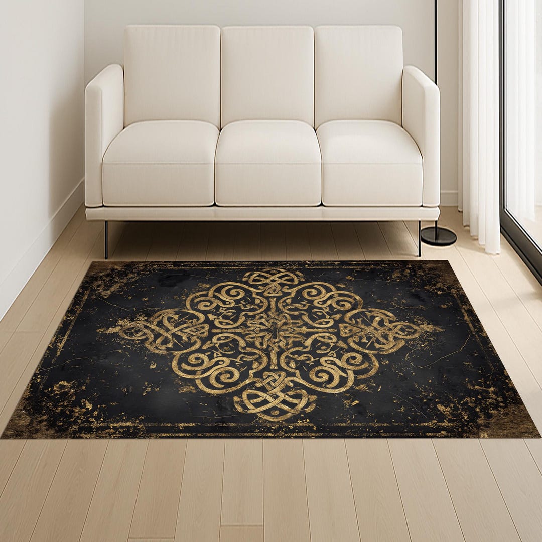 Distressed Golden Baroque Rug: Gothic Luxury Accent, Living Room Decor ...