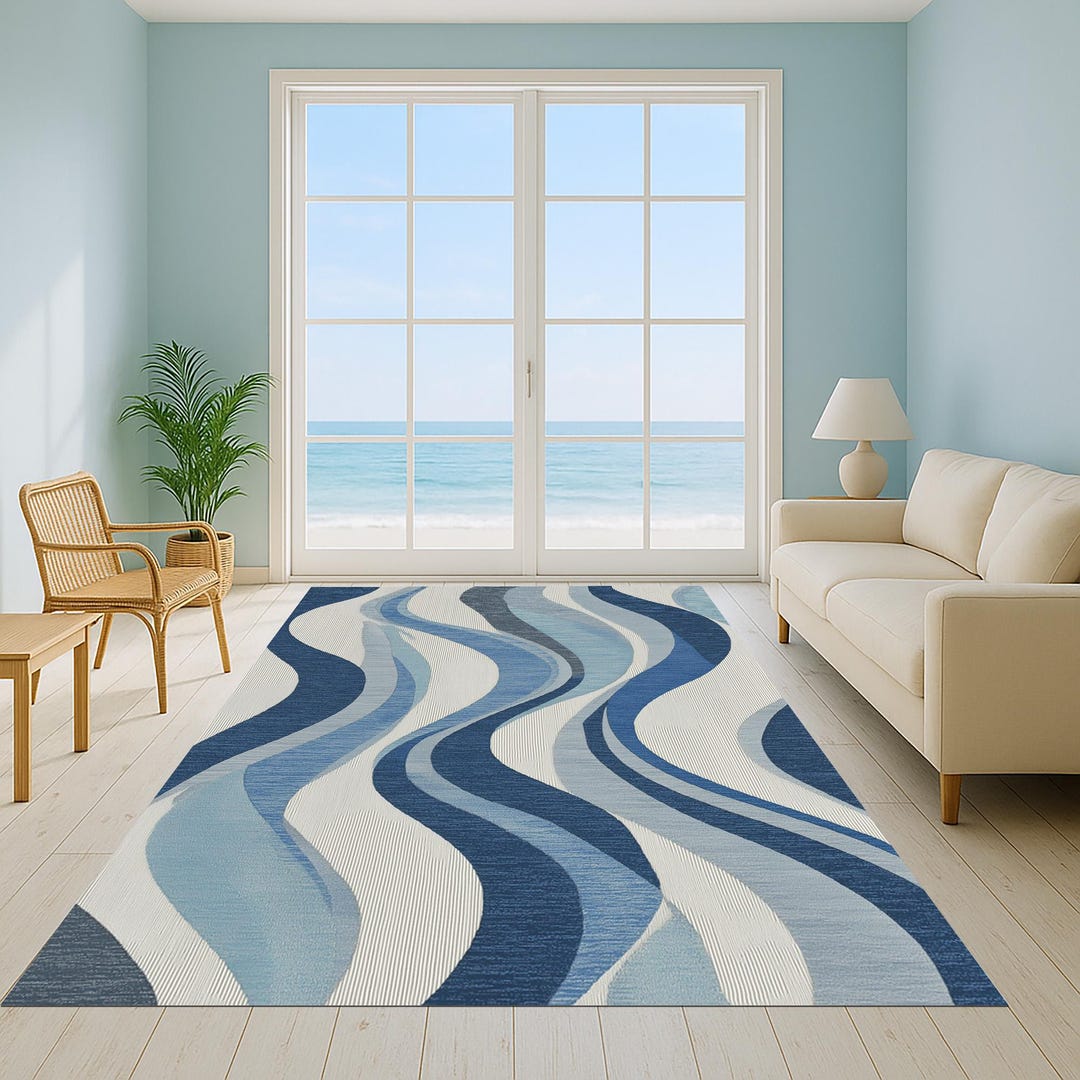 Blue Wave Area Rug: Modern Abstract Ocean Design, Living Room Decor - Etsy