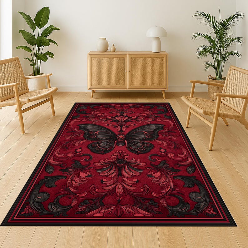 Gothic Butterfly Rug: Dark Red Baroque Ornamental Design - Etsy