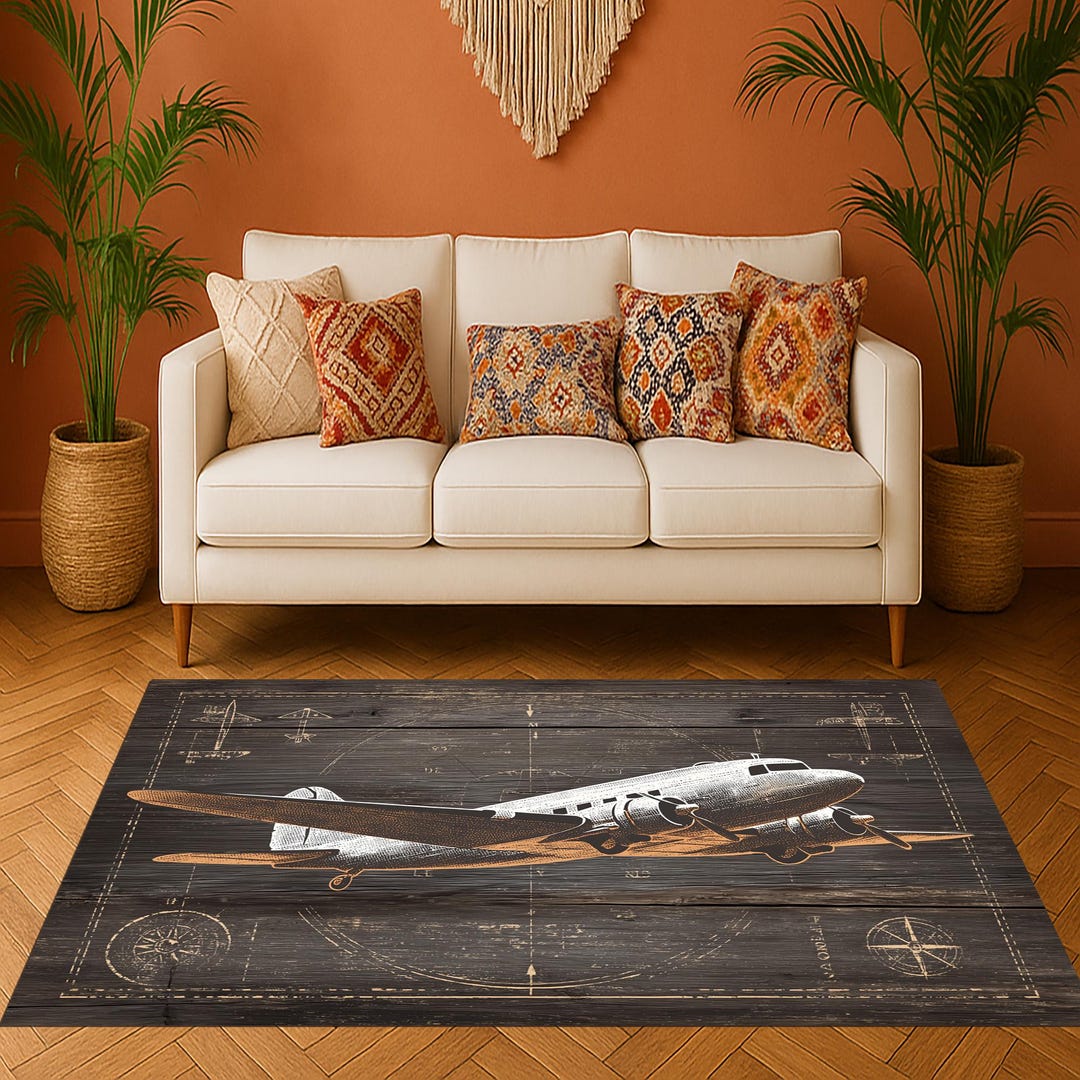 Retro Airplane Rug: Aviation Decor, Travel Theme Living Room Accent - Etsy