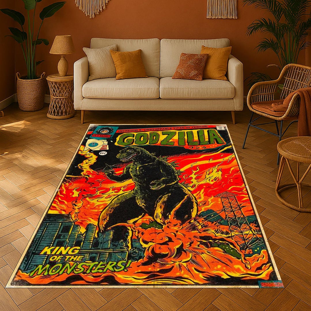 Retro Godzilla Rug: Monster Movie, Fiery City Scene - Etsy