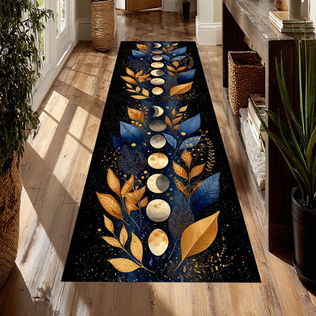 Celestial Moon-phase Runner Rug: Gold Blue Leaf Pattern Carpet, Mystic ...