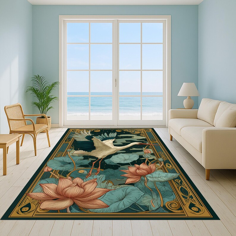 Elegant Crane & Lotus Rug: Botanical Bird Carpet for Living Room - Etsy