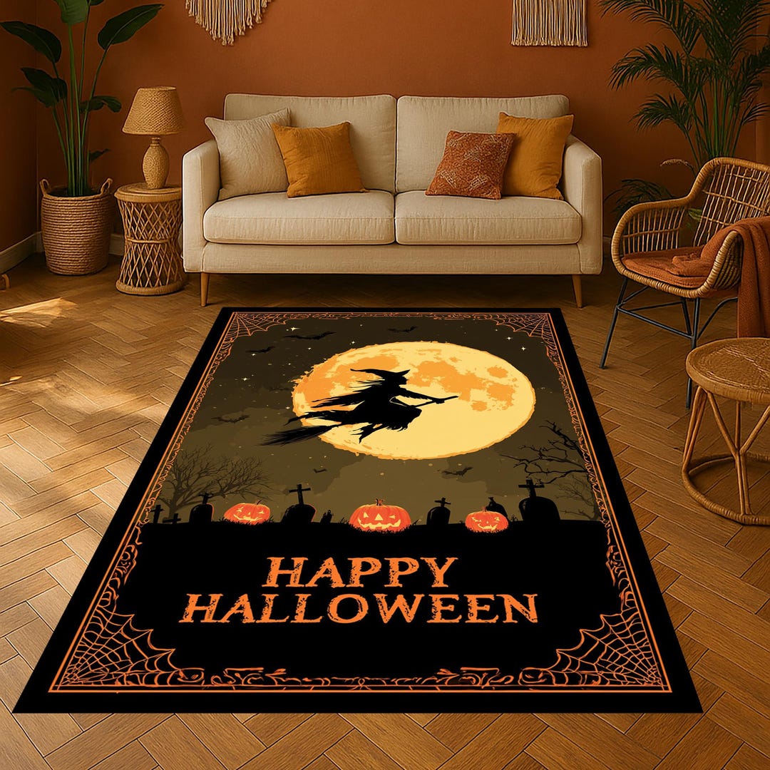 Halloween Witch Rug: Spooky Gothic Decor With Pumpkins and Bats - Etsy