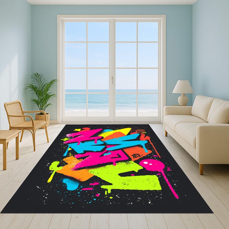 Neon Graffiti Area Rug: Vibrant Street Art Decor - Etsy
