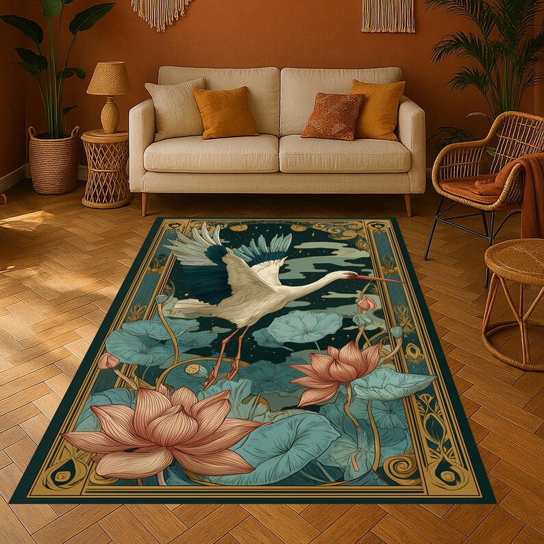 Elegant Crane & Lotus Rug: Botanical Bird Carpet for Living Room - Etsy