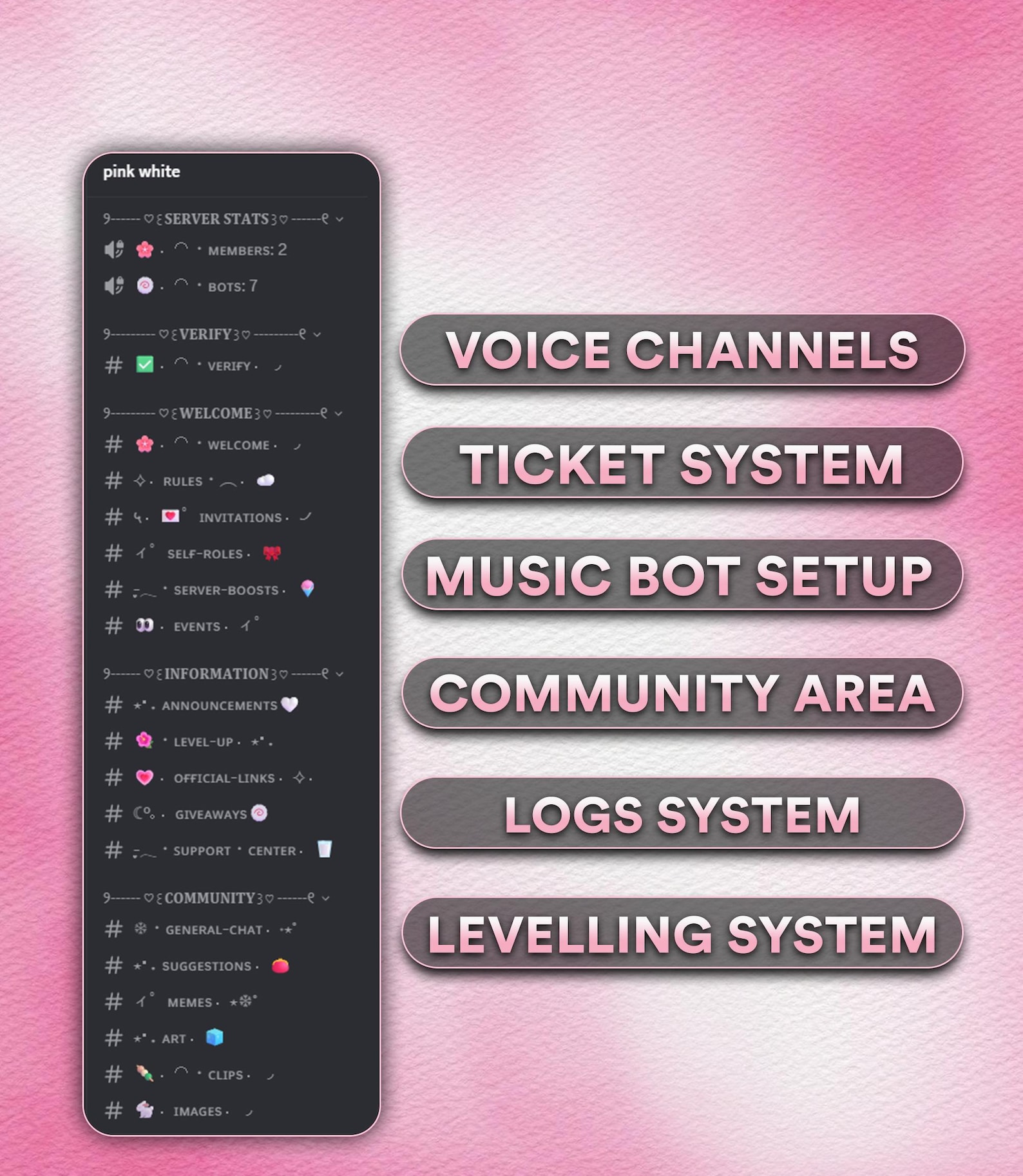 Fully Setup Pink & White Discord Server | Cute Aesthetic Discord ...