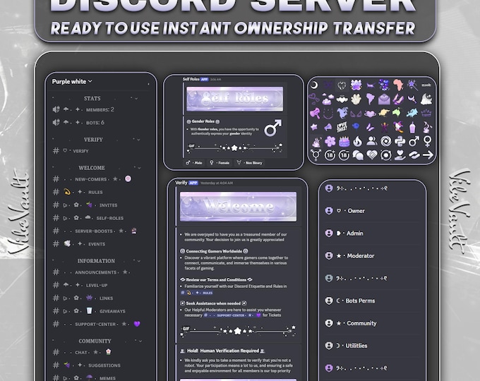 Fully Setup Purple & White Discord Server | Aesthetic Discord Template ...