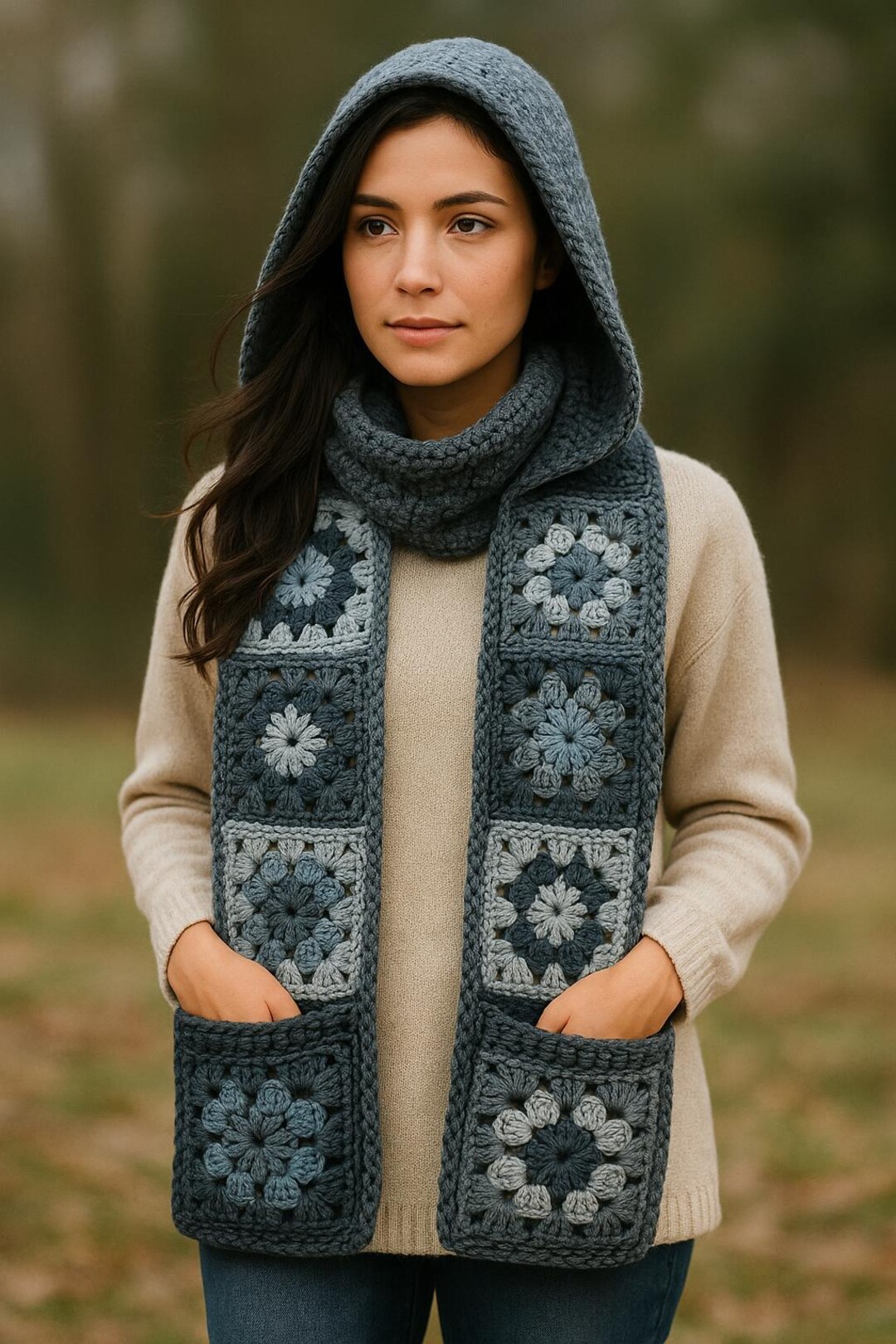 Hooded Granny Square Pocket Scarf Crochet Pattern - Etsy