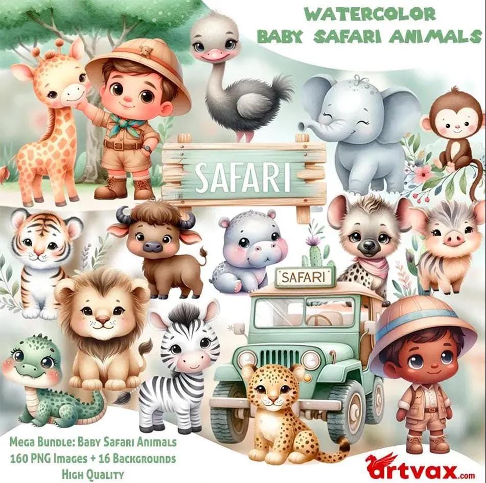 Watercolor Safari Clipart Bundle, Cute Baby Animal PNG, Lion Elephant ...