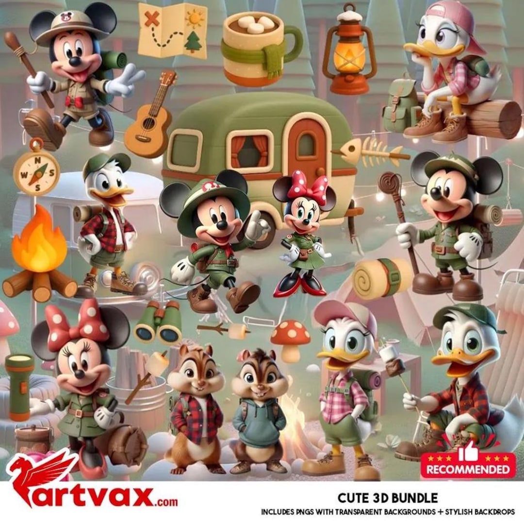 Mickey Camping Clipart Bundle, Cute 3D Hiking Minnie Donald PNG, Chip N ...