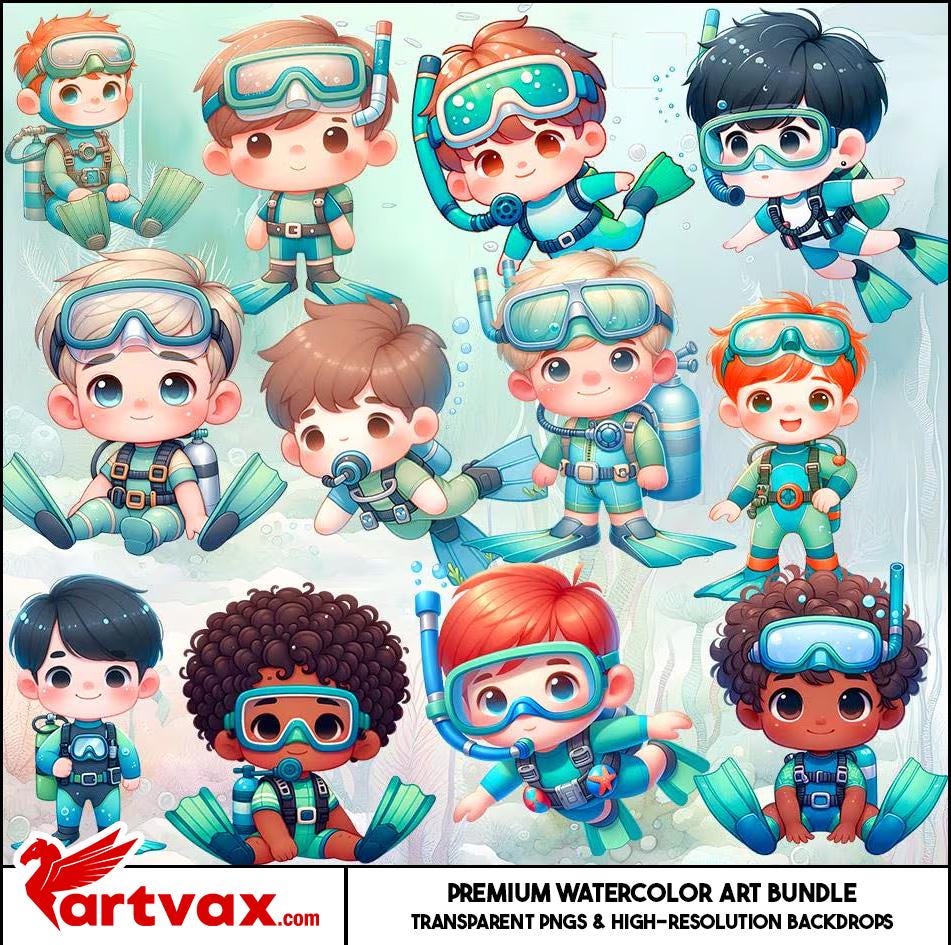Underwater Boys Diver Clipart Bundle | Cute Scuba Diver PNG | Ocean ...