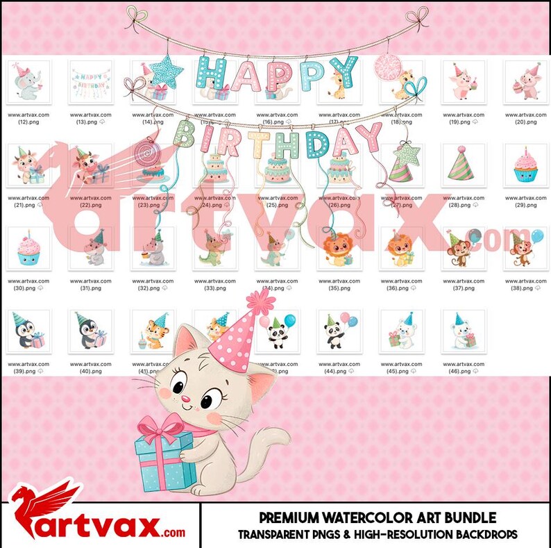Party Animals Watercolor Clipart Bundle | Cute Birthday Pngs | Jungle ...