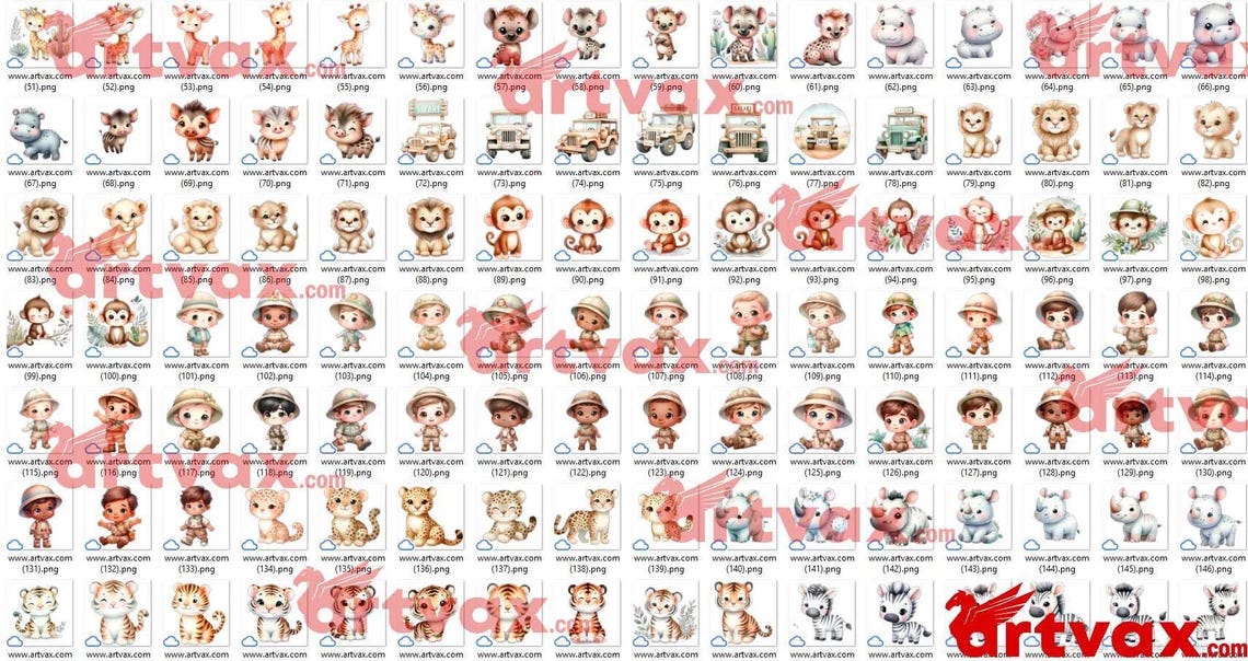 Watercolor Safari Clipart Bundle, Cute Baby Animal PNG, Lion Elephant ...