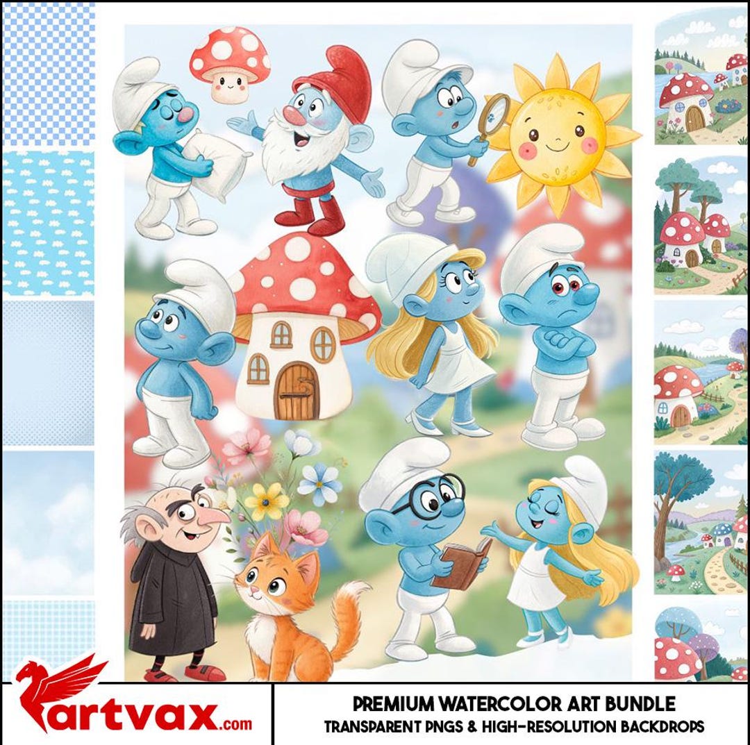 Smurfs Watercolor Clipart Bundle | Papa Smurf, Smurfette, Gargamel ...