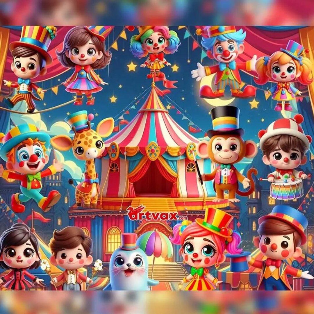 Circus Carnival Clipart Bundle, Cute 3D Clown Animal PNG, Birthday ...