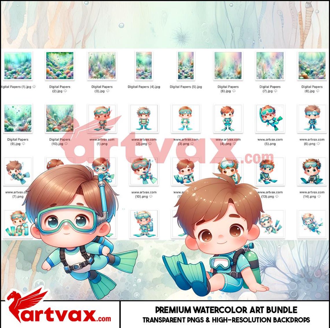 Underwater Boys Diver Clipart Bundle | Cute Scuba Diver PNG | Ocean ...