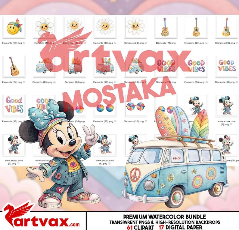Retro Minnie Mouse PNG Bundle, Groovy 70s Hippie Clipart, Good Vibes ...