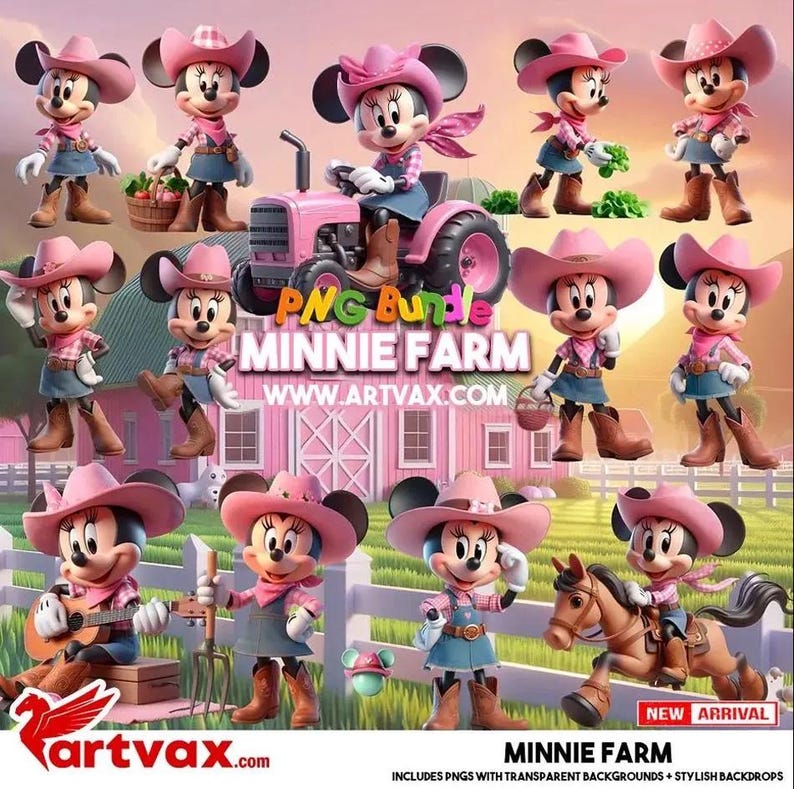 Minnie Farm PNG Bundle | Pink Cowgirl Mouse Clipart | Digital Birthday ...